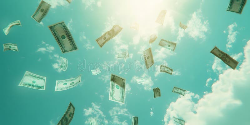Lots of Dollar Bills Flying on a Clear Sky Background. Generative AI ...