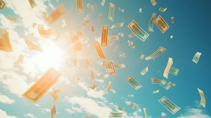 Lots of Dollar Bills Flying on a Clear Sky Background. Generative AI ...