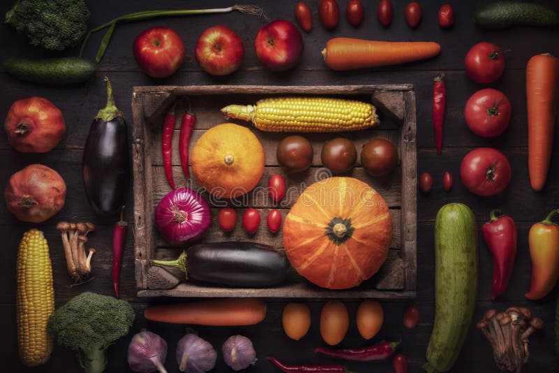 Lots of Fresh Fruit on a Wooden Table in a Drawer. Top View on a Black ...