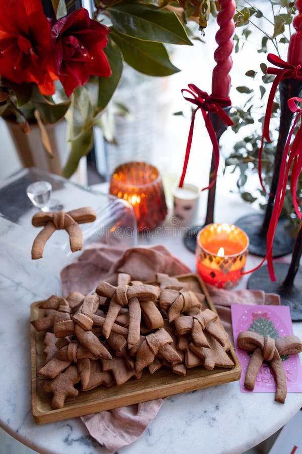 Lots of Gingerbreads in Form of Bow on Festive Table Stock Image ...