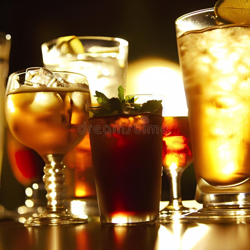Lots of Glasses with Different Drinks in a Bar. Stock Illustration ...