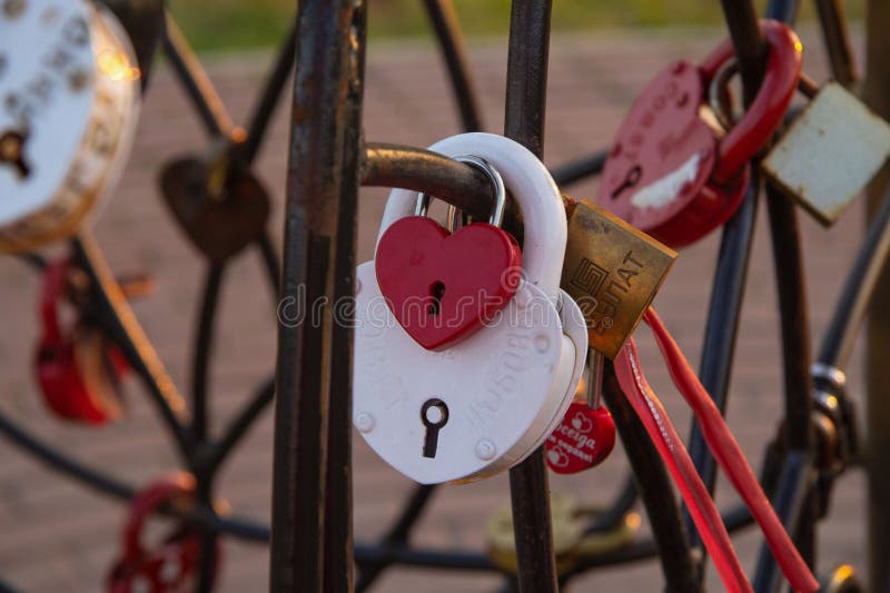 Lots of Hanging Closed Locks on the Iron Structure. Tradition, Wedding ...