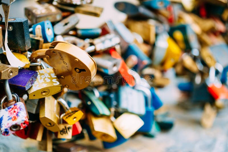 Lots of Love Locks on Bridge in European Town Stock Image - Image of ...