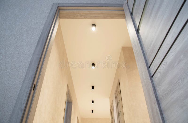 Lots of Modern LED Spotlights on the Stretch Ceiling in the Hallway ...