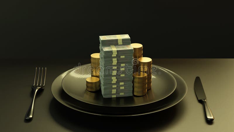 Lots of Money on Black Ceramic Plate Set, 3D Render Stock Illustration ...