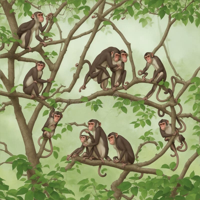 Lots of Monkeys on the Tree Stock Illustration - Illustration of ...