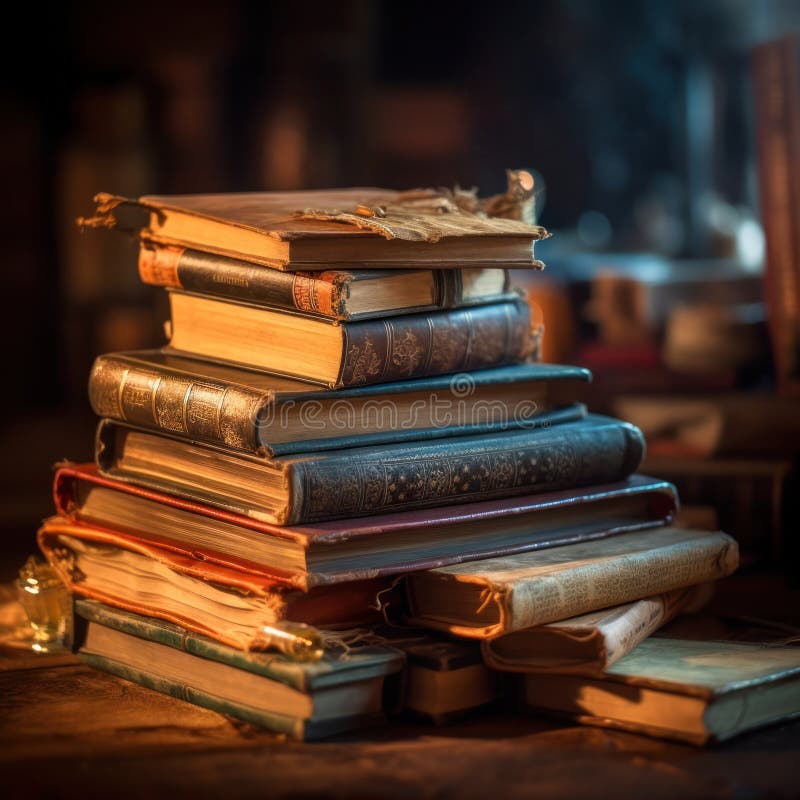 Lots of Old Leather-bound Books in Stacks on a Wooden Table in a ...