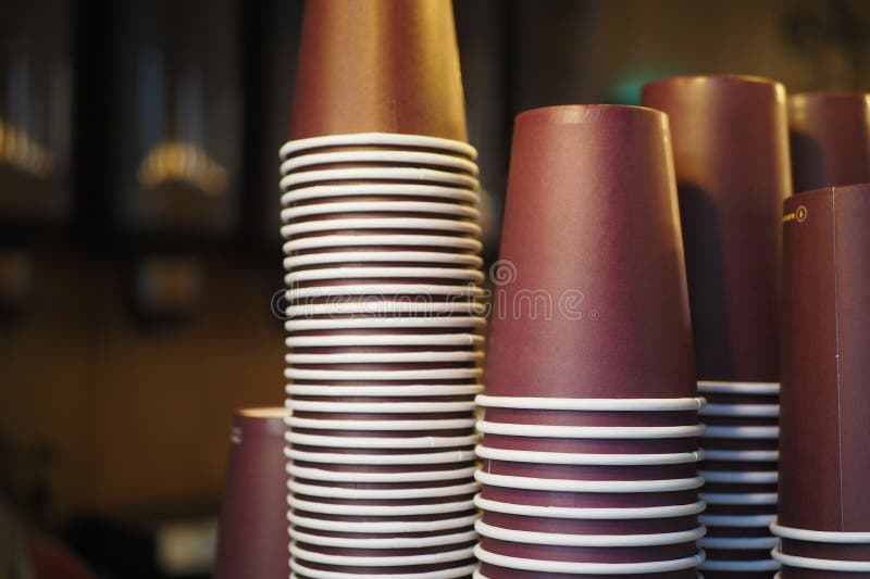Lots of Paper Coffee Cups at Cafe Stock Photo - Image of brown ...