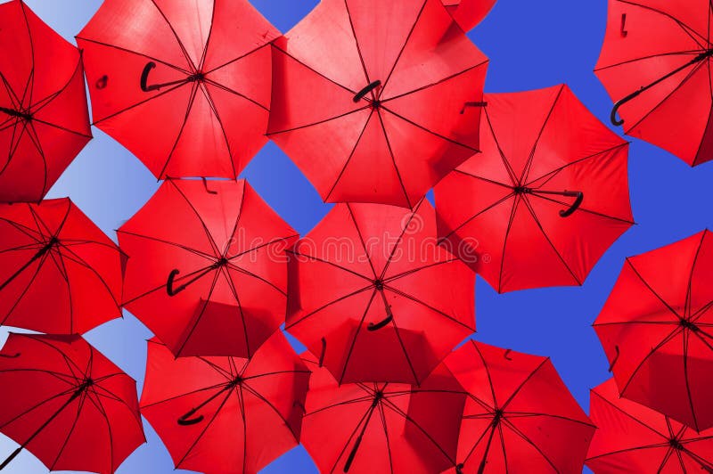 Lots of Red Umbrellas on Blue Sky Stock Image - Image of lots, culture ...