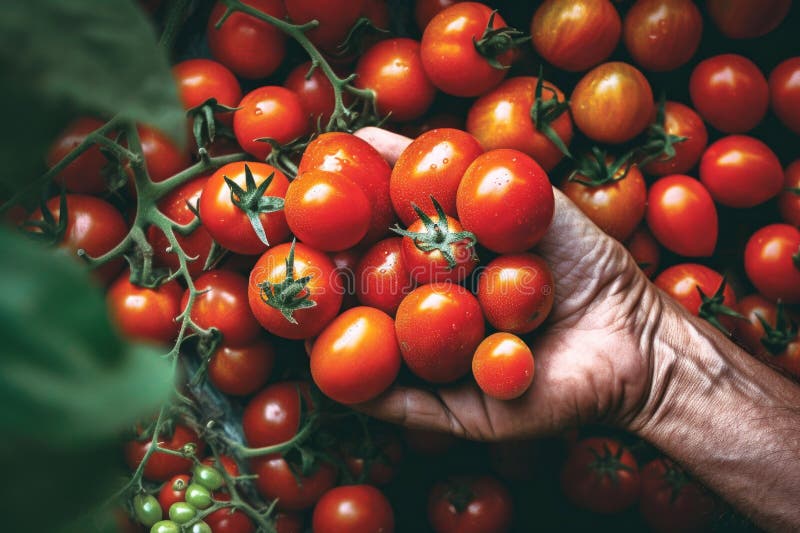Lots of Ripe Tomatoes in the Hand of an Elderly Man. Generative AI ...
