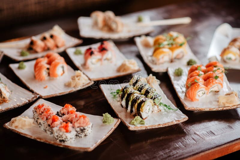 Lots Sets of Sushi on a Table in a Restaurant Stock Photo - Image of ...