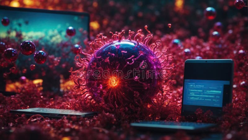 Lots of Symbolic Computer Viruses in Red Cellular Back. Ai Generated ...