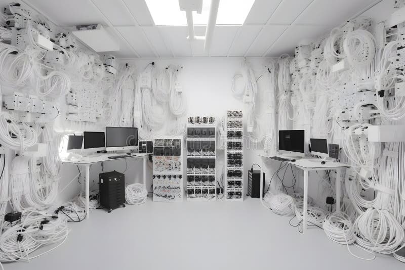 Lots of Tangled Wires in a White Computer Room. Neural Network AI ...