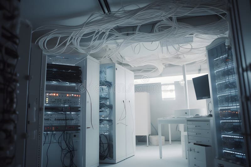 Lots of Tangled Wires in a White Computer Room. Neural Network AI ...