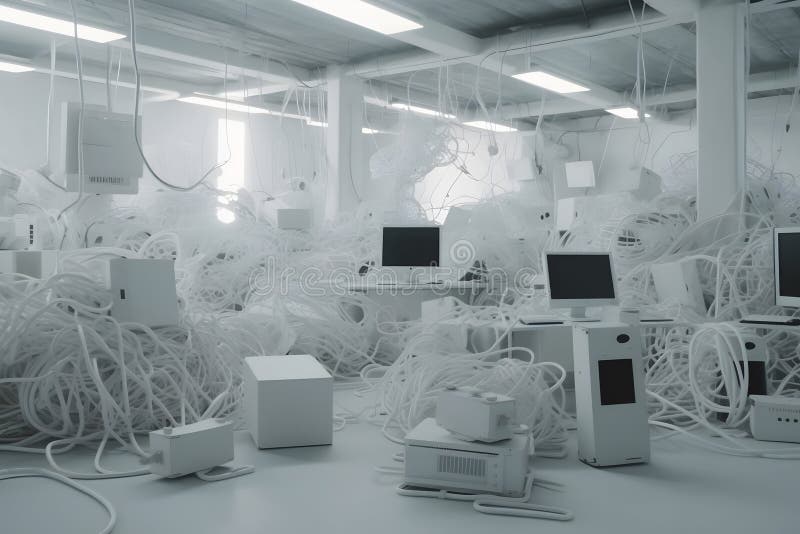 Lots of Tangled Wires in a White Computer Room. Neural Network AI ...
