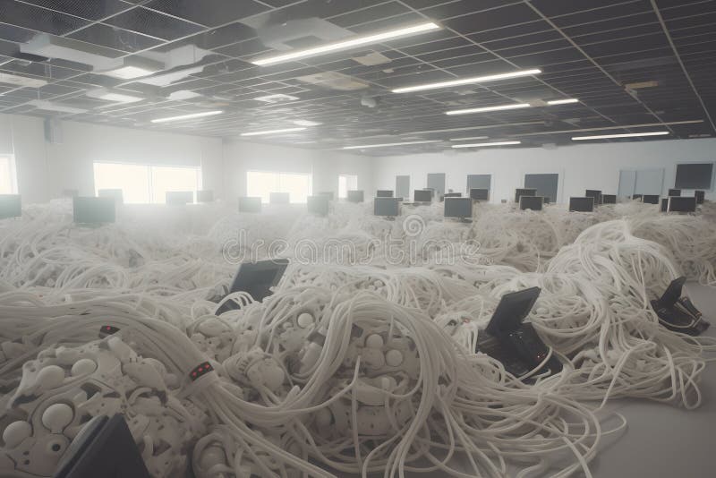 Lots of Tangled Wires in a White Computer Room. Neural Network AI ...