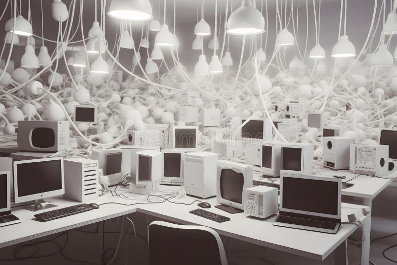 Lots of Tangled Wires in a White Computer Room. Neural Network AI ...