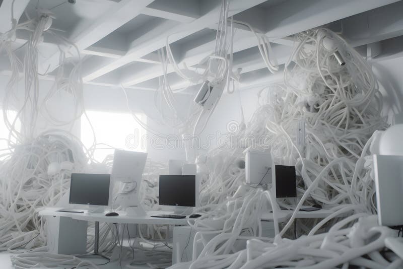 Lots of Tangled Wires in a White Computer Room. Neural Network AI ...