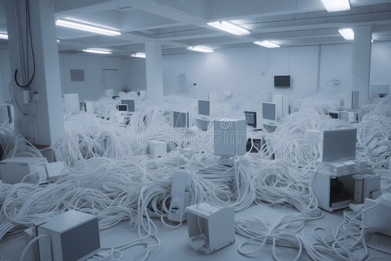 Lots of Tangled Wires in a White Computer Room. Neural Network AI ...