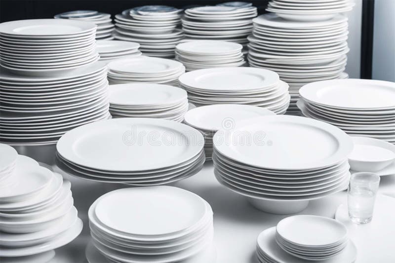 Lots of White Plates. Rows and Stacks of Empty Buffet Plates on a Shelf ...