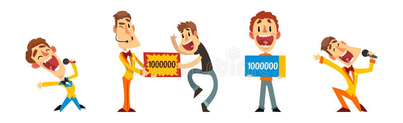 Lottery Show with Man Host with Microphone and Check Vector Set Stock ...