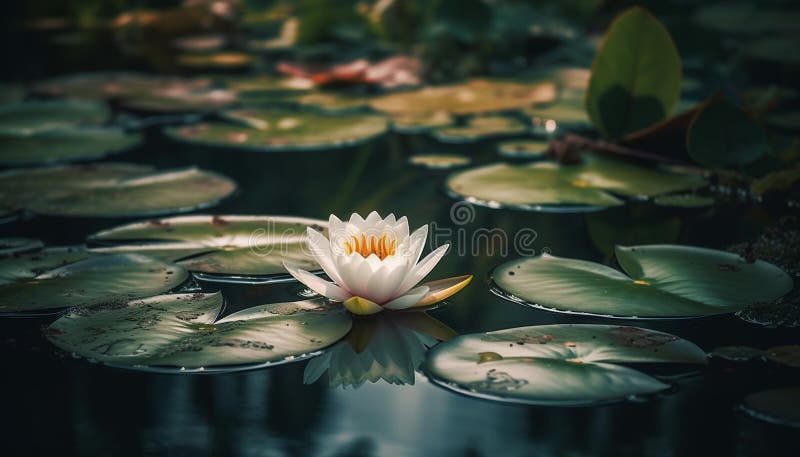 Lotus Blossom Floats on Tranquil Pond Water Generated by AI Stock ...