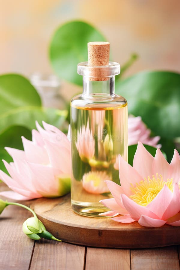 Lotus Essential Oil in a Bottle. Generative AI, Stock Photo - Image of ...