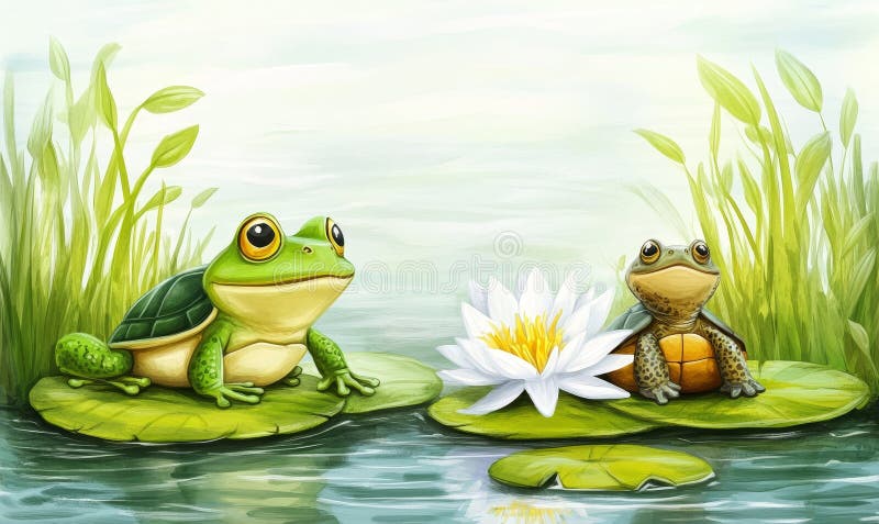 On a Lotus Flower is an Illustration of a Pond Scene with a Frog and ...