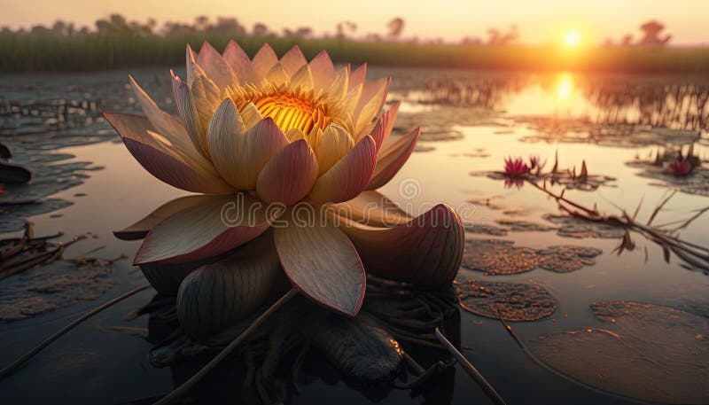 A Lotus Flower is in the Middle of a Pond at Sunset Stock Illustration ...