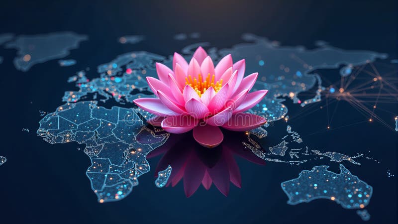Lotus Flower Over Digital World Map Stock Image - Image of nature ...