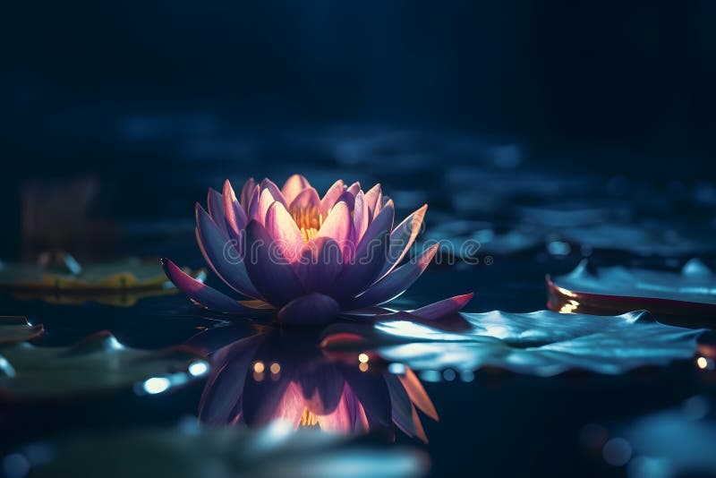 Lotus Flower in the Water at Night. Neural Network AI Generated Stock ...