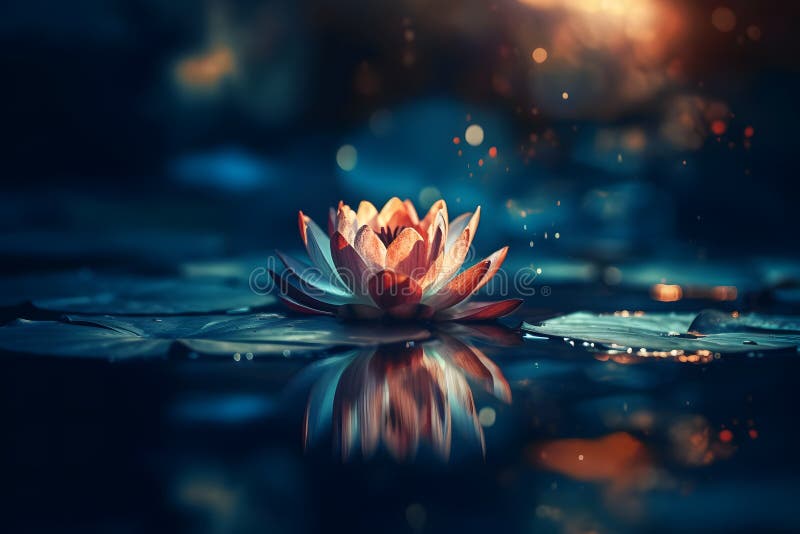 Lotus Flower in the Water at Night. Neural Network AI Generated Stock ...