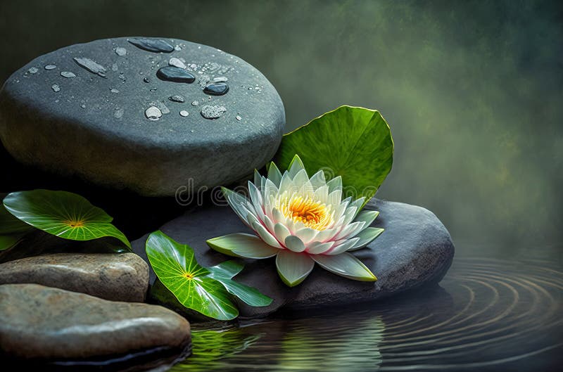 Lotus Flower and Zen Stones on Black Background with Reflection. Spa ...