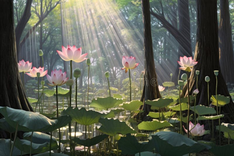 Lotus Flowers Illuminated by Soft Sunlight through Trees Stock ...