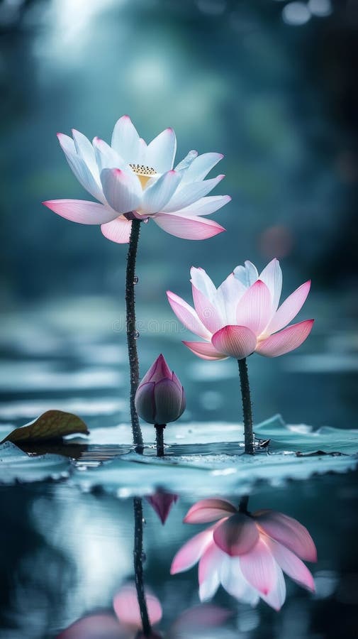 Lotus Flowers with Reflections on a Tranquil Lake, Serene Nature ...