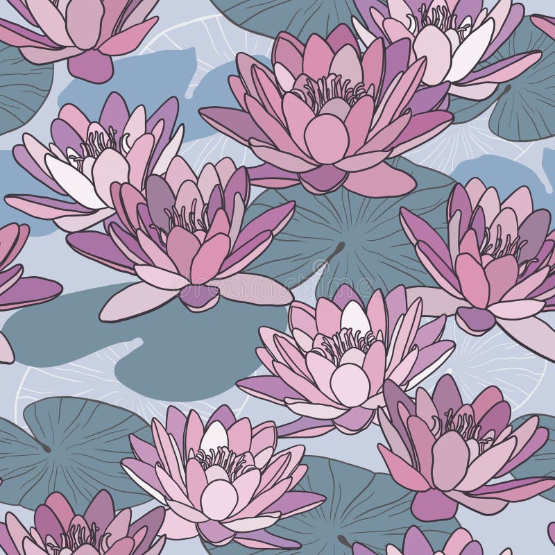 Lotus Flowers in Seamless Pattern Stock Vector - Illustration of bloom ...