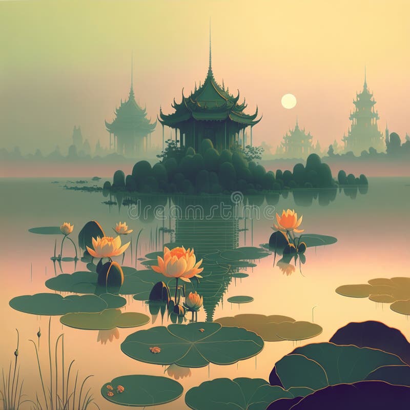Lotus Lake in the Fog at Dawn Stock Illustration - Illustration of ...