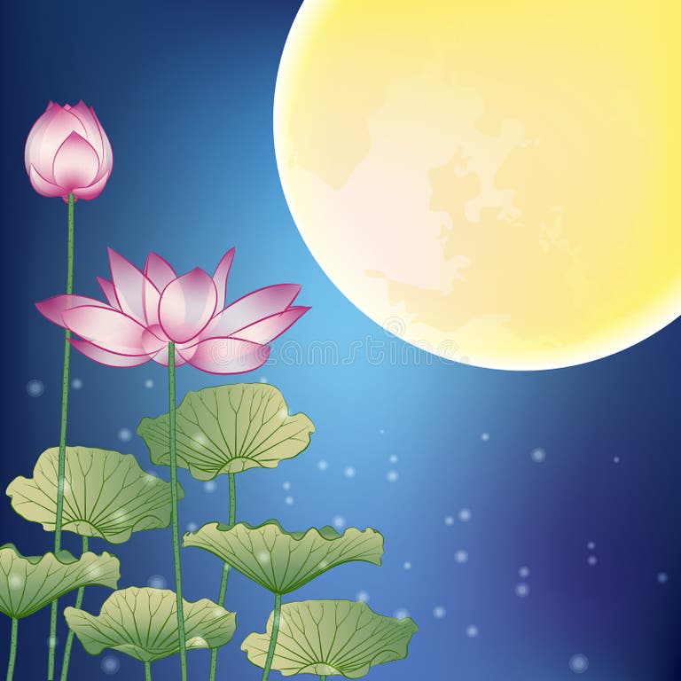 Lotus and Moon at Night stock vector. Illustration of auspicious - 26533813