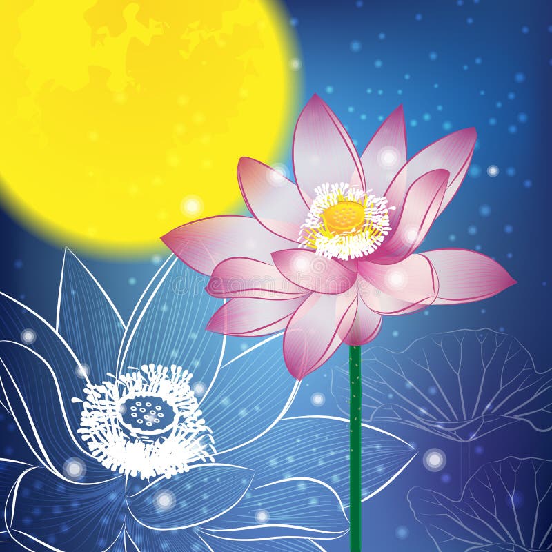 Lotus and Moon at Night stock vector. Illustration of beautiful - 26533845