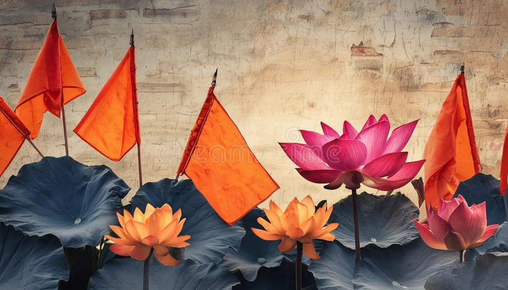 Lotus and Orange Hindu Flags Stock Photo - Image of kamal, pink: 316593642