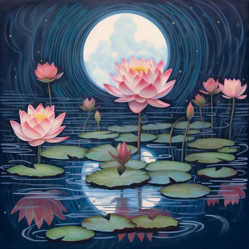 Lotus in Pond with Full Moon Background. Generative AI Stock ...