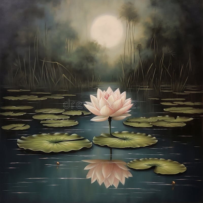 Lotus in Pond with Full Moon Background. Generative AI Stock ...