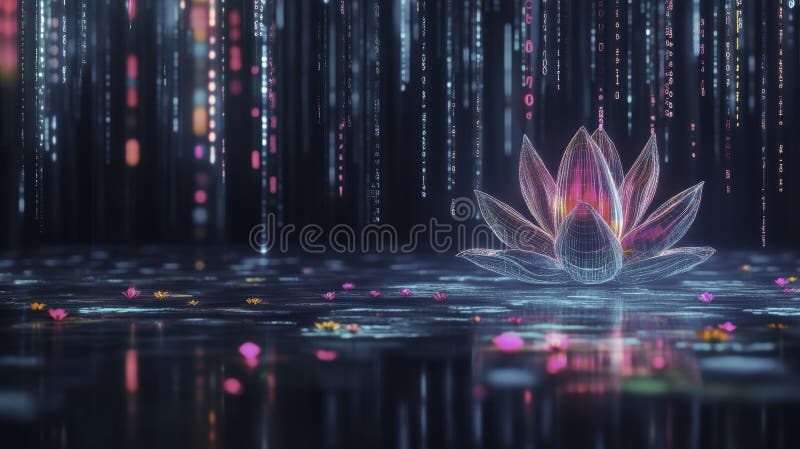 Lotus Flower Illuminated by Vibrant Rainbow Lights with Digital Binary ...