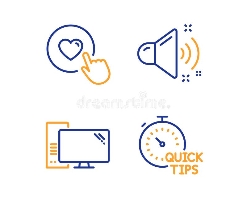 Loud Sound, Computer and Like Button Icons Set. Quick Tips Sign. Music ...