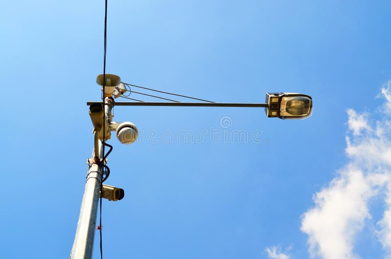 Loudspeaker and CCTV Camera on Lamp Post Stock Image - Image of modern ...