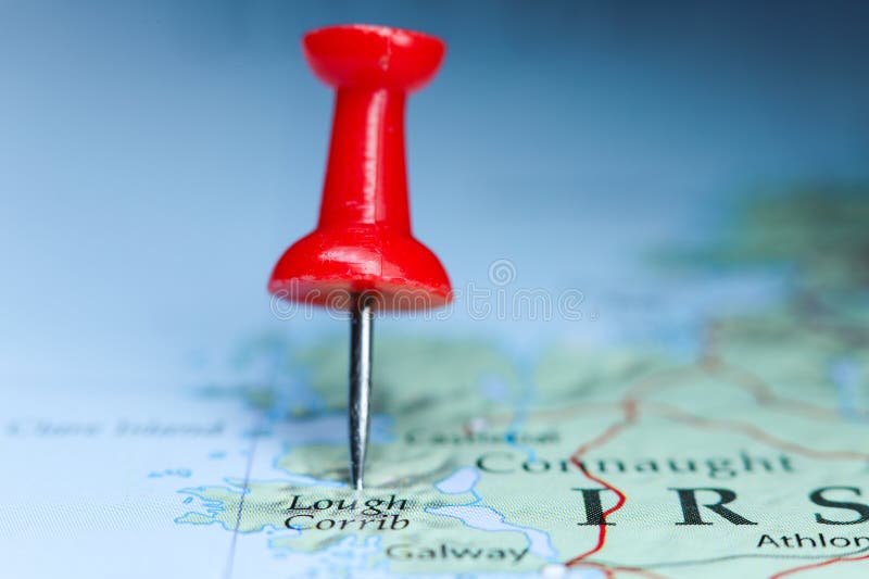 Lough Corrib, Ireland Pin on Map Stock Image - Image of island ...