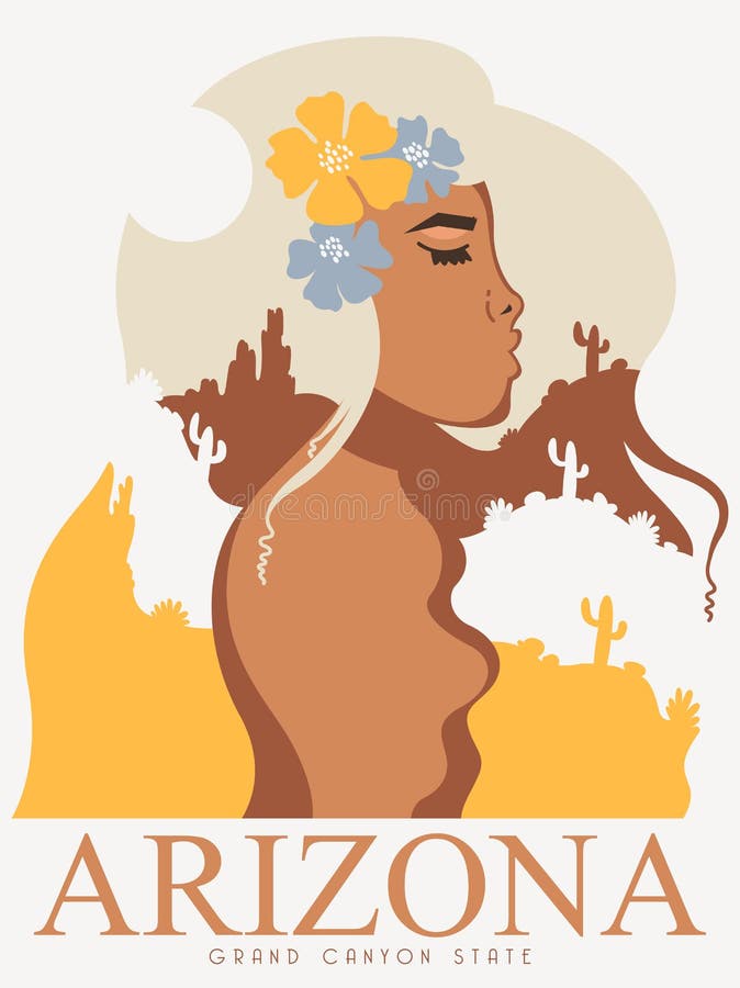 Colorful Touristic Poster with a Beautiful Girl As a Symbol of Arizona ...