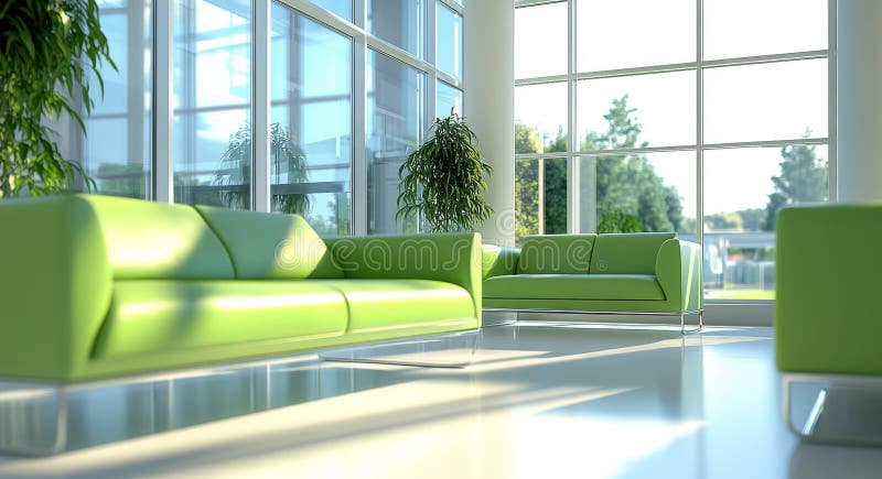 Lounge Area in a Modern Office Setting Featuring Green Sofas and ...