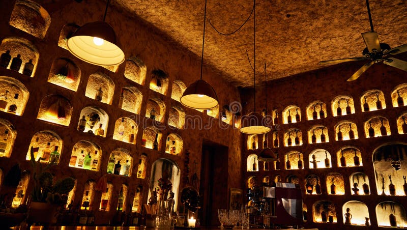 Lounge Bar Interior View with Bottles on the Walls, Oaxaca, Mexico ...