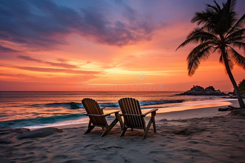 Lounge Chairs on the Beach with a View. Generative by Ai Stock ...